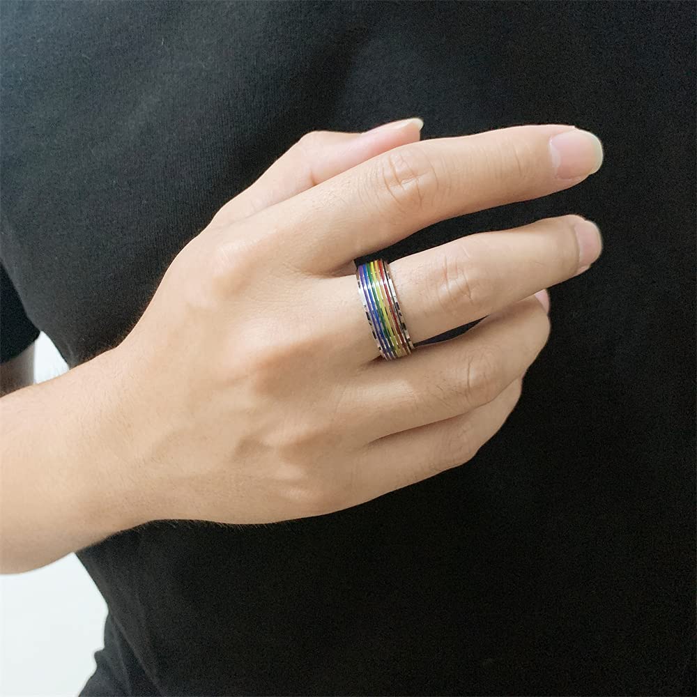 Rotatable Rainbow Stripe LGBT Pride Band Ring for Women Men Couples Bff Anti Anxiety Stress Relief Fidget Spinner Ring Stainless Steel Statement Relationship Knuckle Ring Boyfriend Girlfriend Xmas New Year Party Gifts (6)