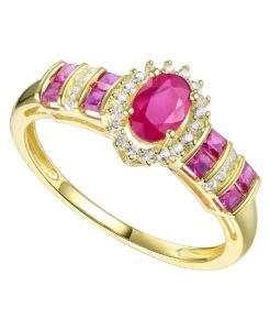 tirafina genuine ruby and diamond ring, alternating design of genuine gemstones and diamonds, center stone is surrounded by halo of diamonds, gemstone statement ring, 14k yellow gold (diamond 1/10 cttw)