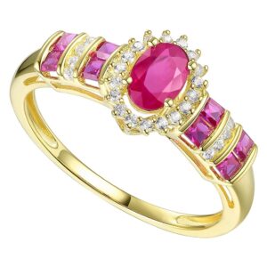 Tirafina Genuine Ruby and Diamond Ring, Alternating Design Of Genuine Gemstones and Diamonds, Center Stone Is Surrounded By Halo Of Diamonds, Gemstone Statement Ring, 14K Yellow Gold (Diamond 1/10 cttw)