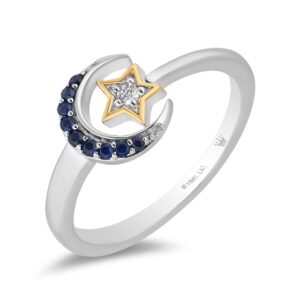 Jewelili Hallmark Fine Jewelry Sterling Silver and 14K Yellow Gold 1.3 MM Created Blue Sapphire and Natural White Round Diamond Accent Crescent Moon and Star Ring, Size 6