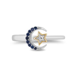 jewelili hallmark fine jewelry sterling silver and 14k yellow gold 1.3 mm created blue sapphire and natural white round diamond accent crescent moon and star ring, size 6