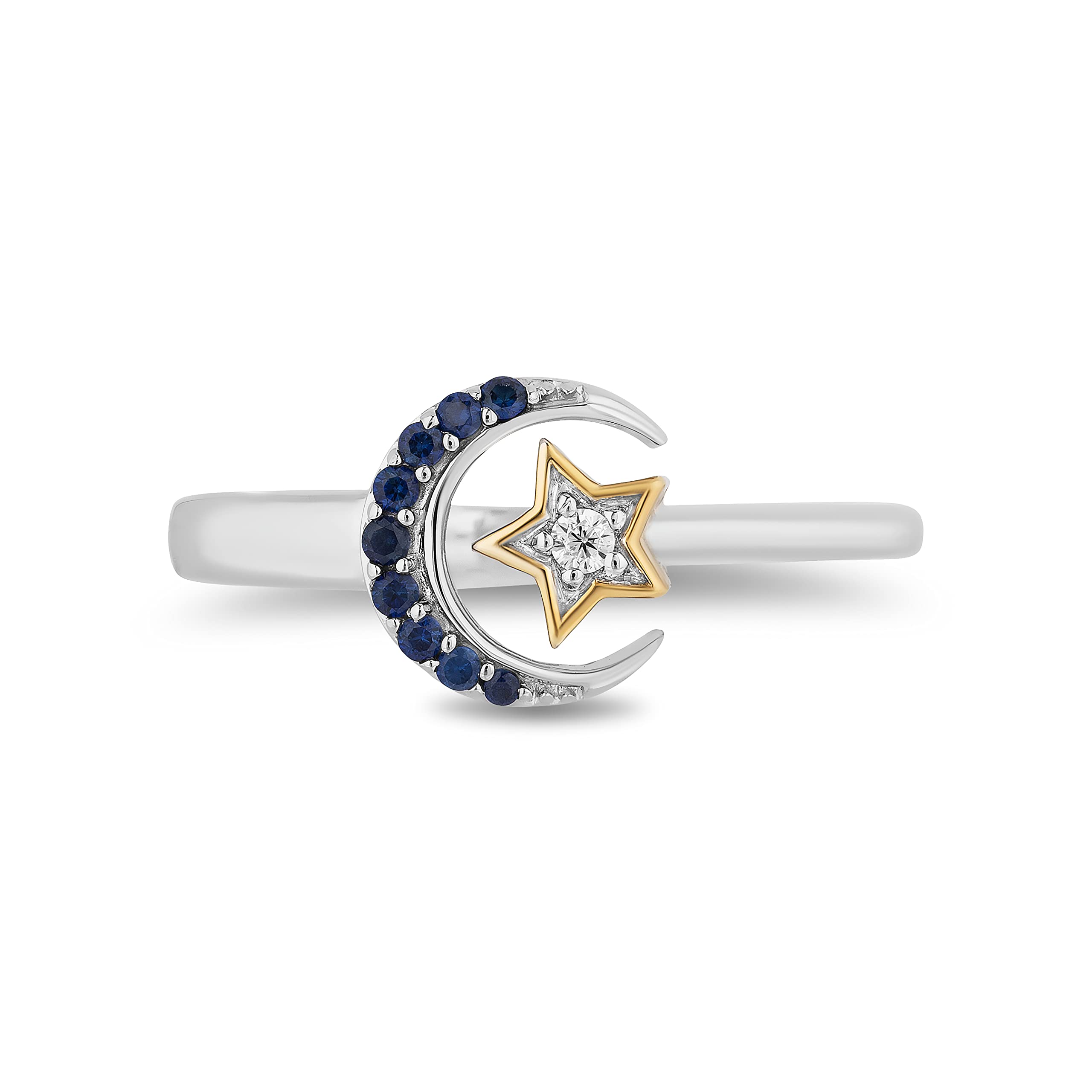 Jewelili Hallmark Fine Jewelry Sterling Silver and 14K Yellow Gold 1.3 MM Created Blue Sapphire and Natural White Round Diamond Accent Crescent Moon and Star Ring, Size 6