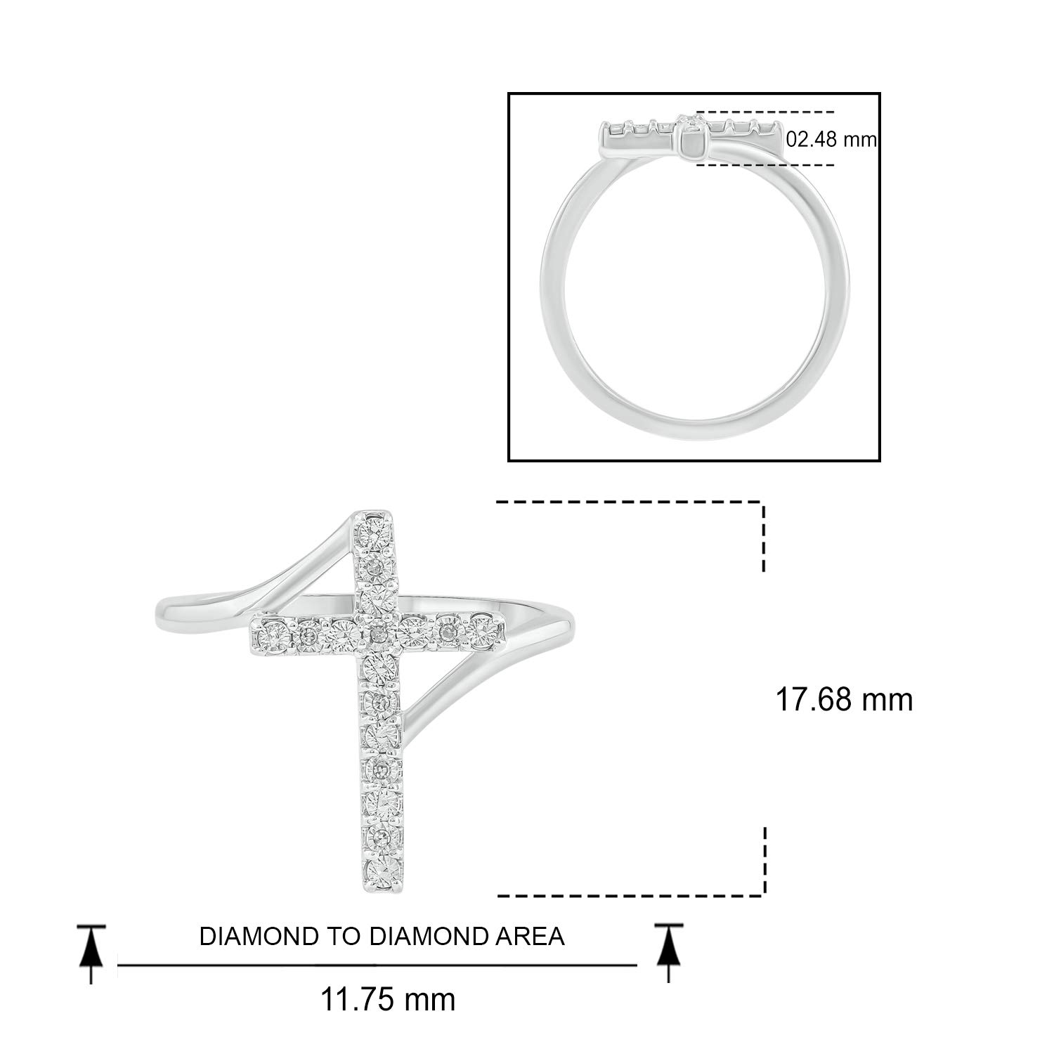 Cali Trove, Diamond Cross Ring for Women in 925 Sterling Silver, Women's Vertical Cross Ring with Bypass Band and Accented with Round White Diamonds, Silver Religious Ring