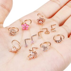 Goerhsjie 20g Nose Rings Hoops Studs Piercings Jewelry for Women Men Surgical Stainless Steel Rose Gold l Shaped Shape Bar Stuf 20 Gauge Hypoallergenic Butterfly Nostril Aretes para La Nariz