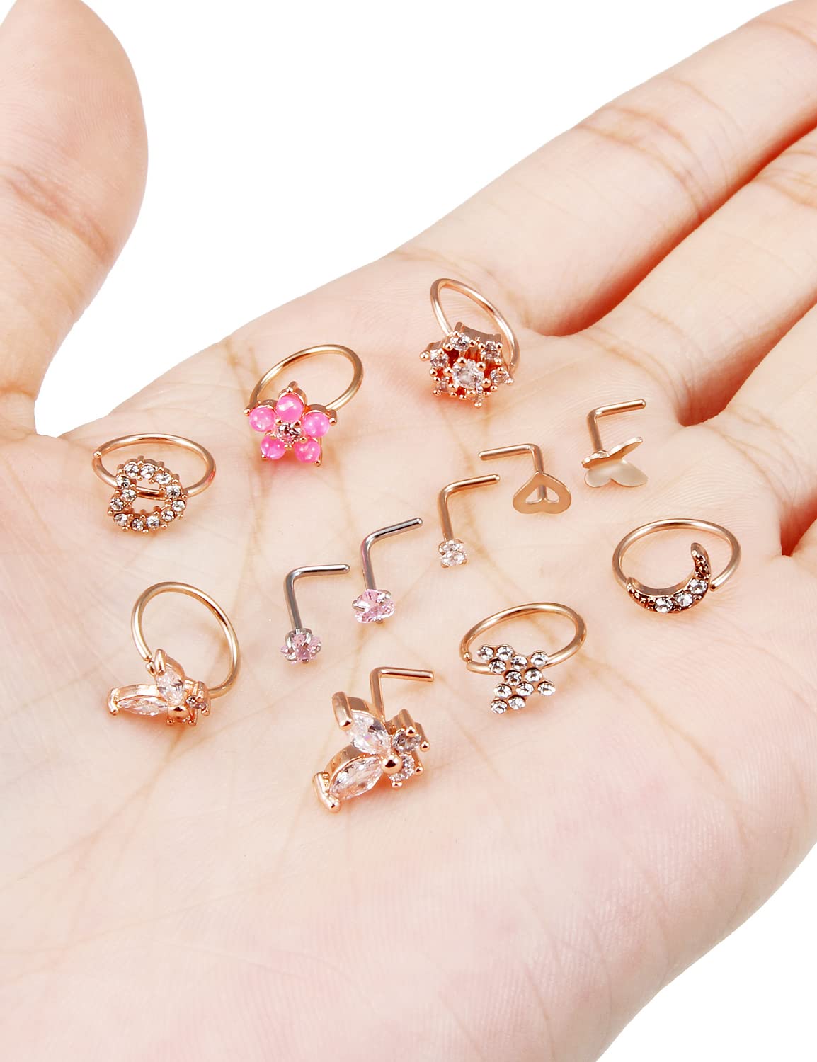 Goerhsjie 20g Nose Rings Hoops Studs Piercings Jewelry for Women Men Surgical Stainless Steel Rose Gold l Shaped Shape Bar Stuf 20 Gauge Hypoallergenic Butterfly Nostril Aretes para La Nariz