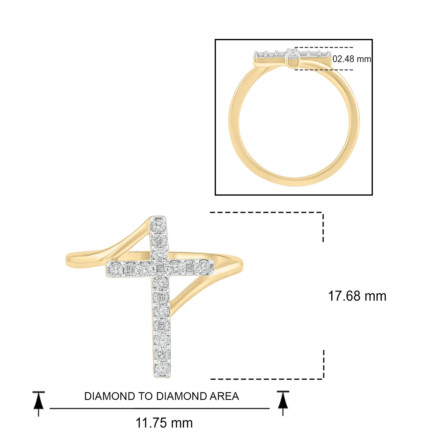 Cali Trove, Diamond Cross Ring for Women in Yellow Gold-Plated Sterling Silver, Women's Vertical Cross Ring with Bypass Band and Accented with Round White Diamonds, Yellow Gold-Plate Religious Ring