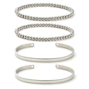 xijin 4pcs silver beaded bracelets set stainless steel friendship cuff bangle bracelets for women