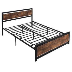 homcom queen bed frame with headboard & footboard, strong metal slat support bed frame w/underbed storage space, no box spring needed, 63''x82''x40.5''