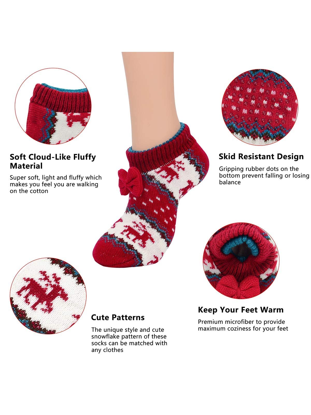 Century Star Women Slipper Socks Soft Cozy Animal Christmas Socks Anti-Slip Fuzzy Slipper Warm Winter Floor Socks 1 Pack Red Elk One Size