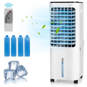 costway evaporative cooler, 4-in-1 bladeless cooler with 4 modes, 3 speeds, timer, 12l water tank, led display, portable air cooler with remote control 4 ice packs for indoor use, bedroom, white