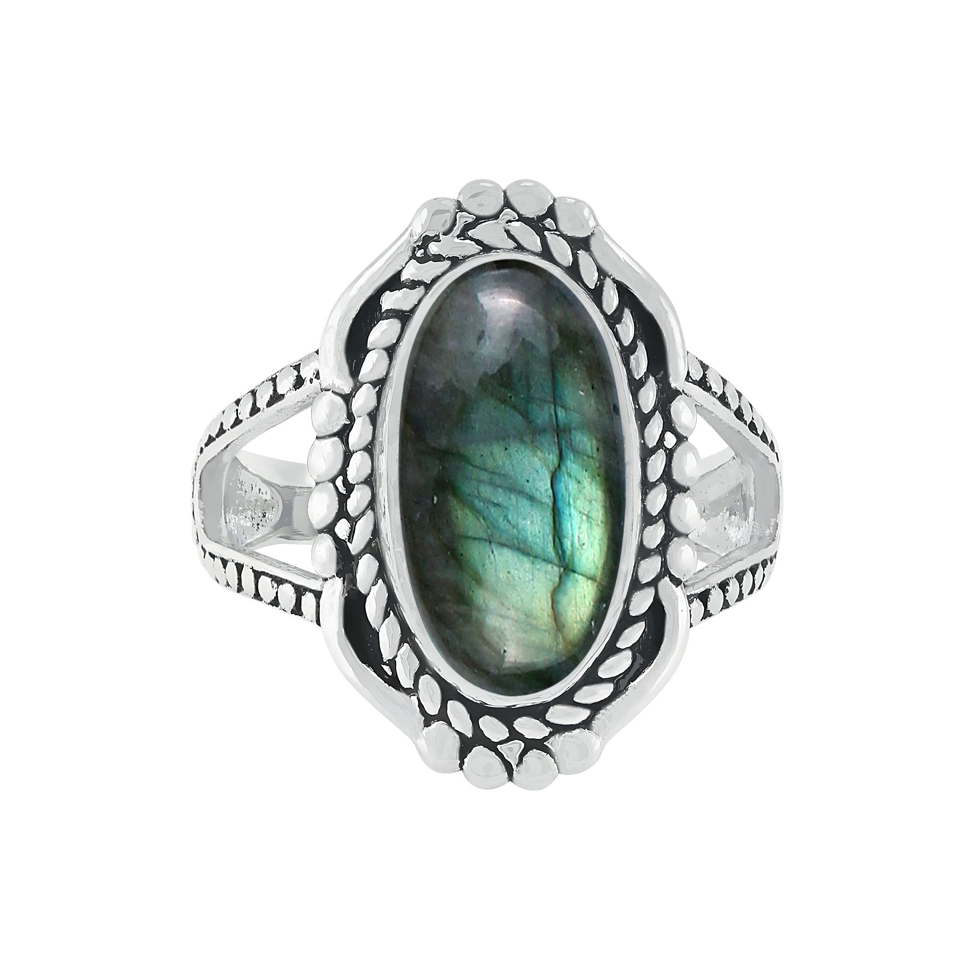 TISHAVI 5.25Cts Sterling Silver Genuine Natural Labradorite Ring For Women, Sterling Silver Birthstone Ring Jewelry Gift For Women Mom Wife Girlfriend Sister