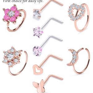 Goerhsjie 20g Nose Rings Hoops Studs Piercings Jewelry for Women Men Surgical Stainless Steel Rose Gold l Shaped Shape Bar Stuf 20 Gauge Hypoallergenic Butterfly Nostril Aretes para La Nariz