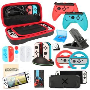 accessories bundle for nintendo switch oled model(2021): super kit with carrying case, screen protector, steering wheels, joycon grips, charging dock, playstand, protective case and more (23 in 1)