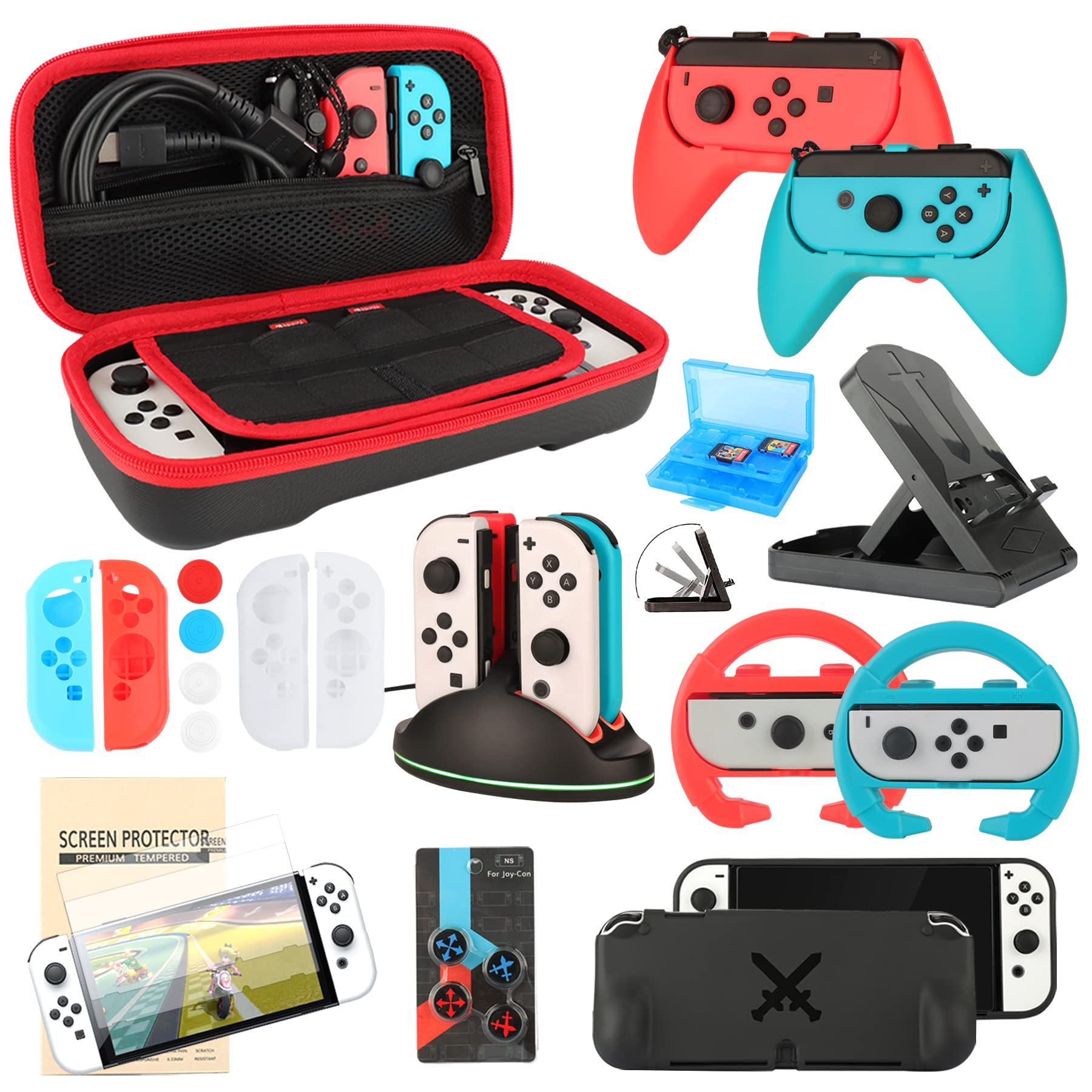 Accessories Bundle for Nintendo Switch OLED Model(2021): Super Kit with Carrying Case, Screen Protector, Steering Wheels, Joycon Grips, Charging Dock, Playstand, Protective case and More (23 in 1)