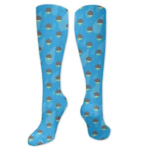 rain fashion compression socks,pattern with dark storm clouds thunderbolt and raindrops performance polyester cushioned athletic crew socks for running,athletic,blue grey and yellow- 19.8 inch