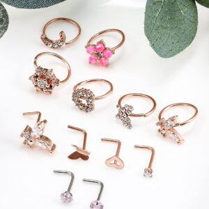 Goerhsjie 20g Nose Rings Hoops Studs Piercings Jewelry for Women Men Surgical Stainless Steel Rose Gold l Shaped Shape Bar Stuf 20 Gauge Hypoallergenic Butterfly Nostril Aretes para La Nariz