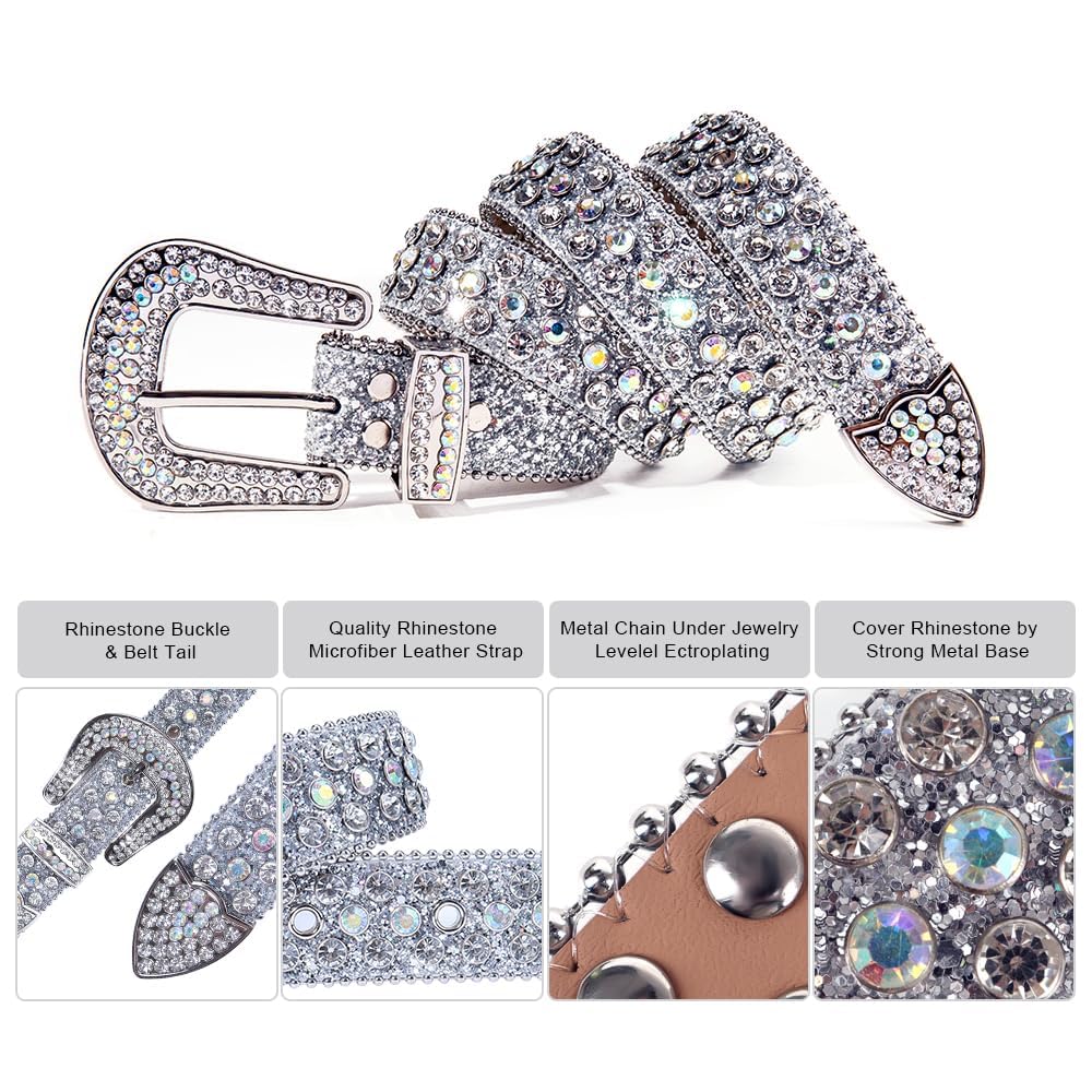 MINGSUN Rhinestone Belt for Men Women, Silver Western Bling Belt Shining Diamond Belt Cowgirl Cowboy Punk Y2K Studded Belt for Jeans Dresses Pants