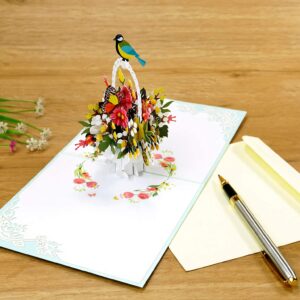 ETA 3D Bird and Flower Basket Pop Up Greeting Card for Birthday, Just Because, Thinking of You, Retirement, Get Well, Congratulations, Cards Mother's Day, Teacher's Father's Any Occasions, F18