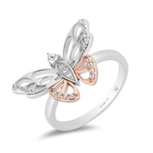 jewelili hallmark fine jewelry sterling silver and 14k rose gold 1/6 cttw natural white round diamond butterfly ring, size 8