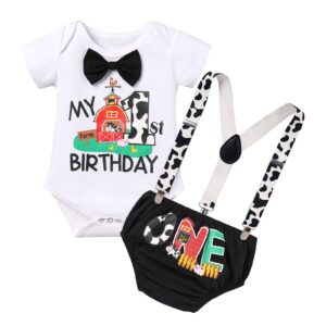 imekis farm animals 1st birthday outfit boys baby cake smash bowtie romper suspenders diaper covers shorts first cow theme farm birthday party supplies decorations for photo shoot black 12-18 months