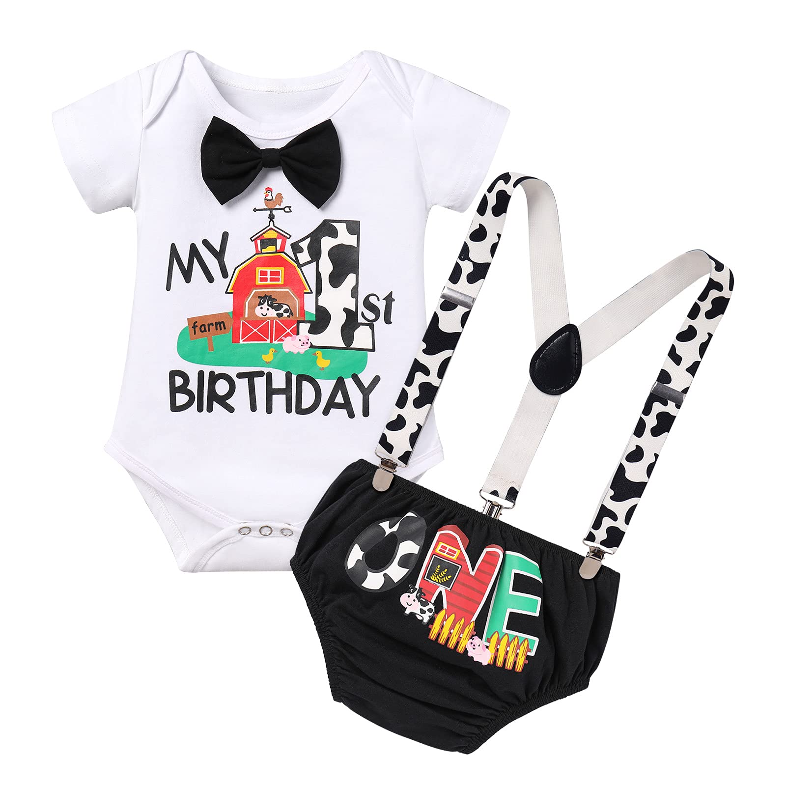 IMEKIS Farm Animals 1st Birthday Outfit Boys Baby Cake Smash Bowtie Romper Suspenders Diaper Covers Shorts First Cow Theme Farm Birthday Party Supplies Decorations for Photo Shoot Black 12-18 Months