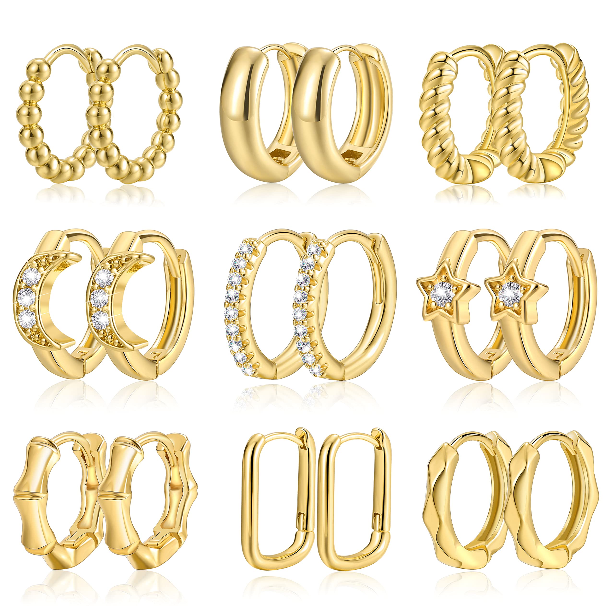 Small Gold Huggie Hoop Earrings Set for Women, Hypoallergenic Twisted Cartilage Hoops, Tiny Silver Hoop Earrings Jewelry for Multiple Piercing (1-1-9)