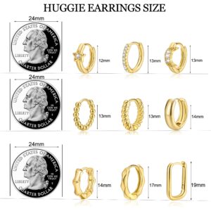 Small Gold Huggie Hoop Earrings Set for Women, Hypoallergenic Twisted Cartilage Hoops, Tiny Silver Hoop Earrings Jewelry for Multiple Piercing (1-1-9)