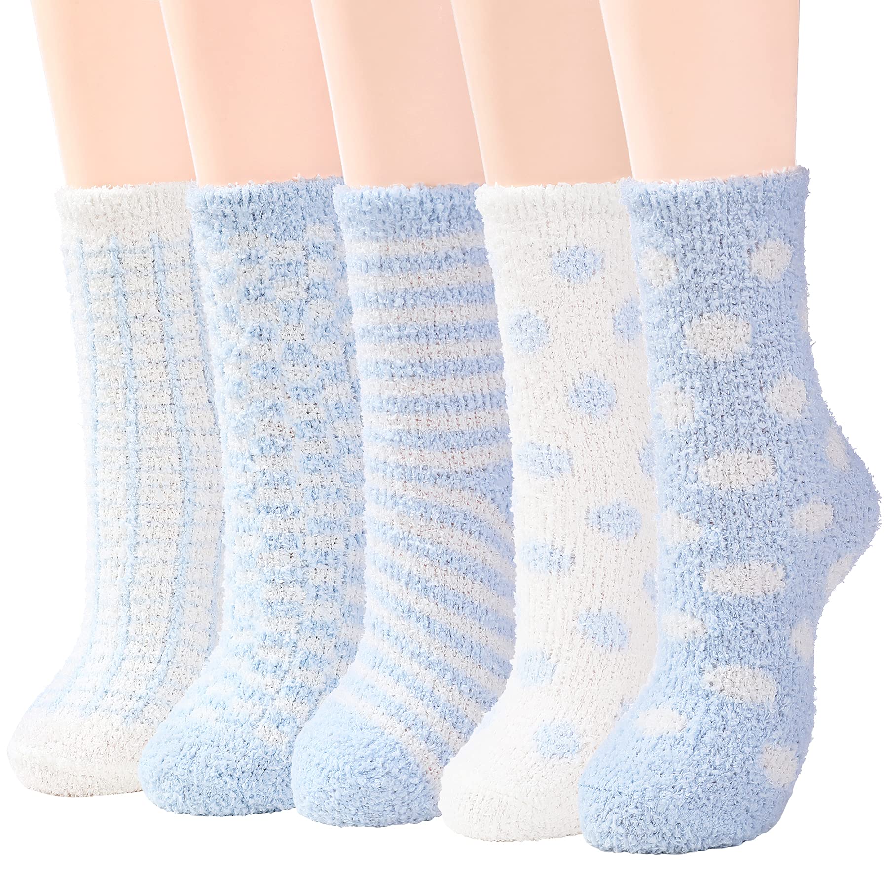 Zando Womens Fuzzy Socks for Girl Winter Socks Thick Warm Socks Fluffy Home Fuzzy Slipper Socks House Slipper Socks Bulk Cozy Comfy Plush Socks Sleeping Christmas Socks 5 Pairs Blue White Series