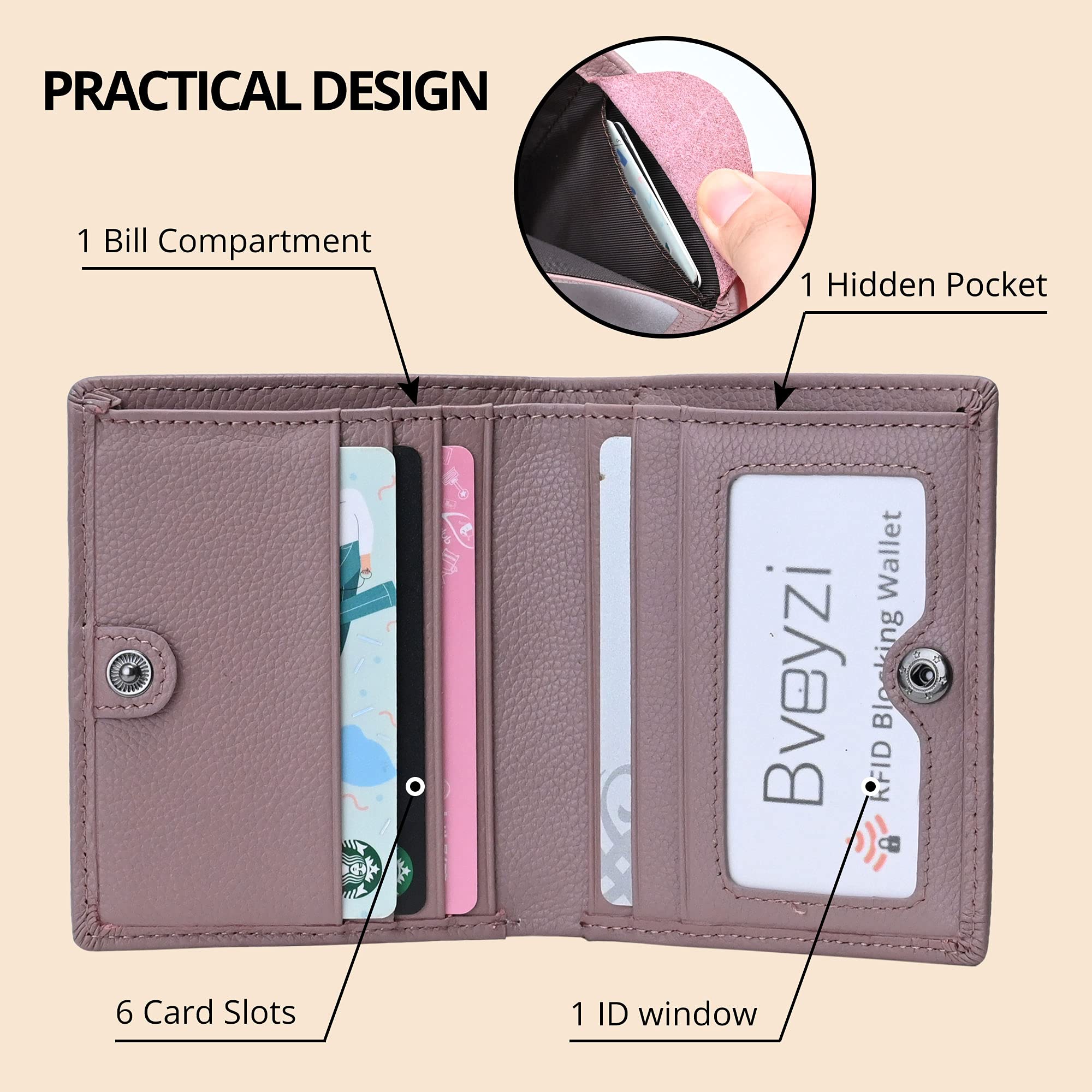 Bveyzi Ultra Slim Small Leather Women Wallet Rfid Blocking Tiny Thin Bifold Pocket Ladies Purse(Dark Pink)