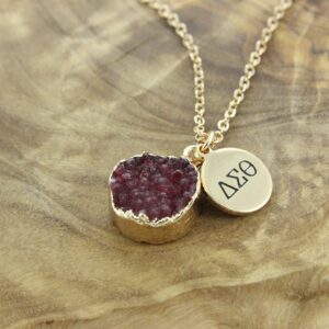 Sorority Shop - DST Necklace - Delta Sigma Theta Red Druzy Gemstone Necklace With Engraved Pendant – 14K Gold Dipped Jewelry with Red Gemstone – Sorority Gift, Charm Paraphernalia