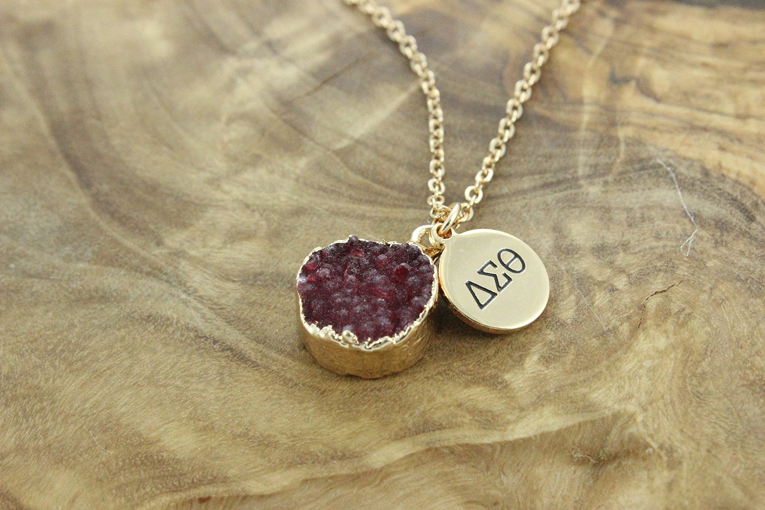 Sorority Shop - DST Necklace - Delta Sigma Theta Red Druzy Gemstone Necklace With Engraved Pendant – 14K Gold Dipped Jewelry with Red Gemstone – Sorority Gift, Charm Paraphernalia