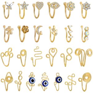 tamhoo 25 pcs multi-style fake nose rings for women and men - 14k gold plated copper african nose cuff non piercing for teen grirls - small clip on nose ring set,fake nose piercing ring (#1)