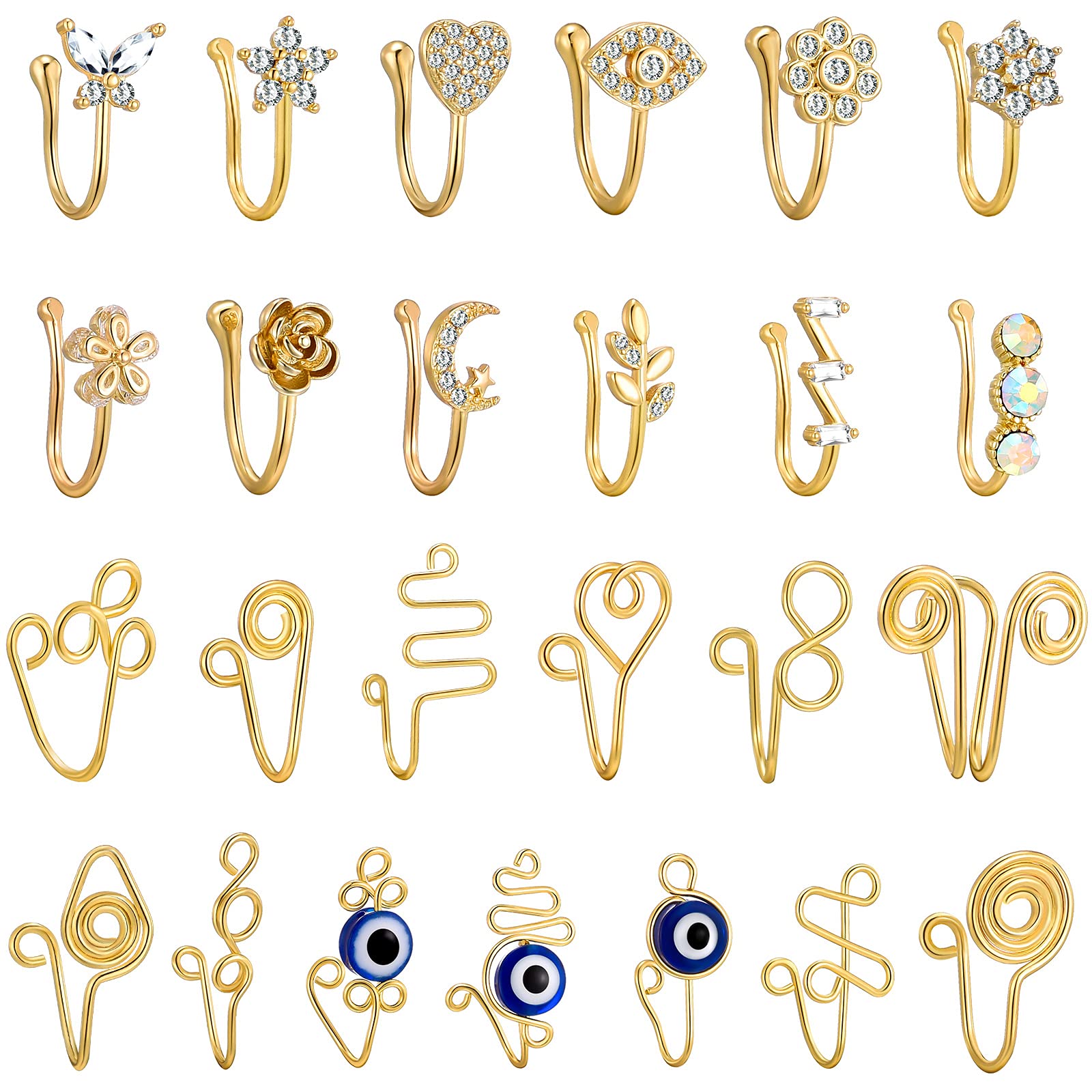 TAMHOO 25 Pcs Multi-Style Fake Nose Rings for Women and Men - 14k Gold Plated Copper African Nose Cuff Non Piercing for Teen Grirls - Small Clip On Nose Ring Set,Fake Nose Piercing Ring (#1)