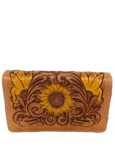 american darling womens tooled leather sunflower crossbody clutch purse, brown