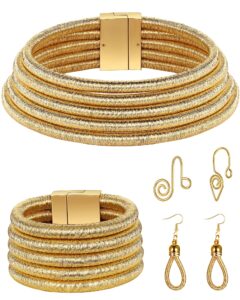 hicarer 5 pieces african jewelry for women, african statement choker layered collar necklace tribal style earrings bracelet faux nose rings nose cuffs hoop african jewelry for ladies(gold)