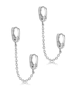 unique corn 14k gold plated double piercing handcuff chain hoop earrings for women two holes connecting earrings (silver)