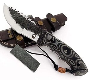 heavy duty 7mm handmade 1095 high carbon steel tracker knife edc for hunting, bush craft, camping, fixed blade g10 handle with cowhide leather sheath, bw-4142 black and grey