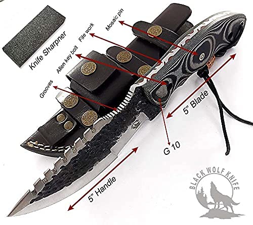 HEAVY DUTY 7MM Handmade 1095 High carbon steel Tracker Knife EDC for Hunting, Bush craft, Camping, Fixed Blade G10 Handle with Cowhide Leather Sheath, BW-4142 BLACK AND GREY