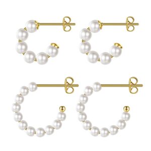 small pearl hoop earrings for women 2 pairs, lightweight pearl hoops jewelry