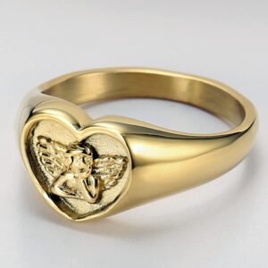 Jude Jewelers Stainless Steel Heart Shaped Signet Style Angel Pattern Statement Promise Wedding Ring (Gold, 4)