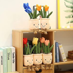 WUZHOU Tulip Plush Toy, 13.7" Flower Pot Stuffed Plushie Pillow Decoration, Soft Fluffy Toy Succulent Plants Friend Throw Pillow, Multicolor (Pink-Tulip)