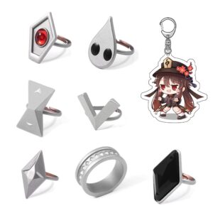 ppone 7pcs hu tao ring set with hu tao keychain,genshin impact hutao rings cosplay costume alloy finger props for fans, silver, different sizes