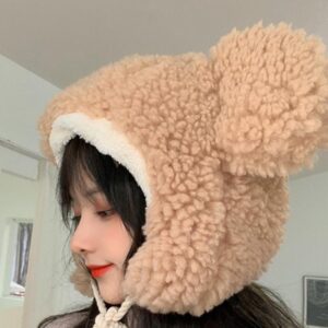 Cute Plush Faux Fur Animal Critter Hat Cap with Ear Flaps Fuzzy Bear Hat Soft Warm Winter Hat Beanie for Adults Women Girls Khaki