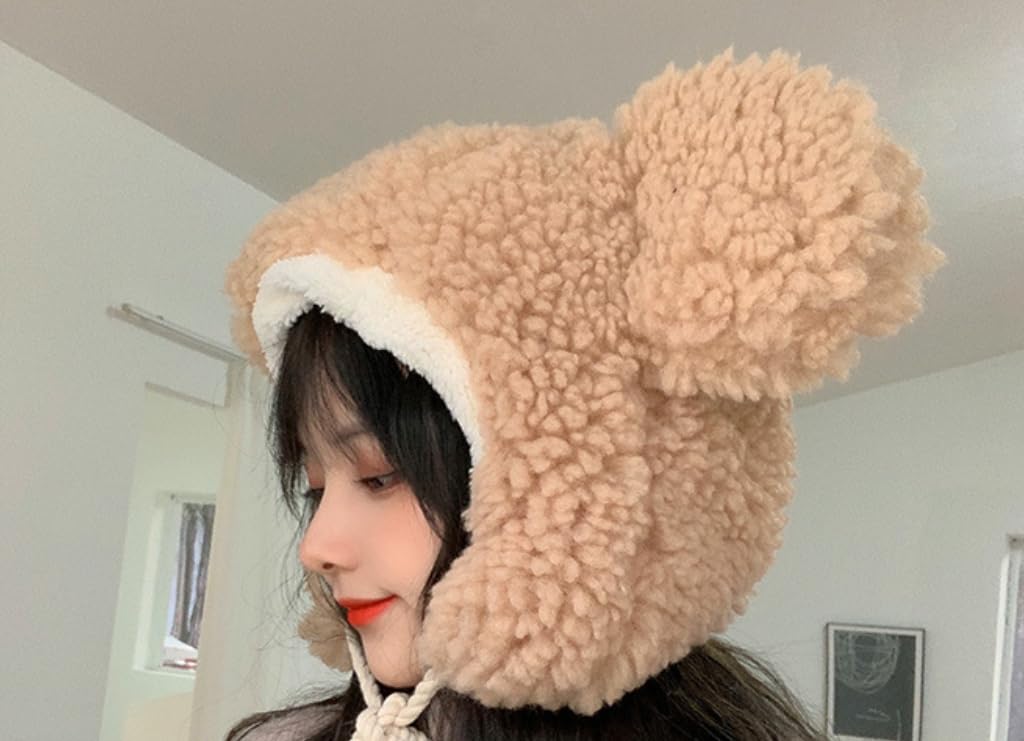 Cute Plush Faux Fur Animal Critter Hat Cap with Ear Flaps Fuzzy Bear Hat Soft Warm Winter Hat Beanie for Adults Women Girls Khaki