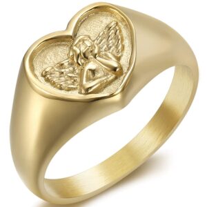 jude jewelers stainless steel heart shaped signet style angel pattern statement promise wedding ring (gold, 4)