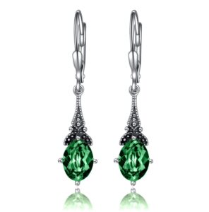 vintage leverback emerald green may birthstone earrings sterling silver retro drop dangle earrings with oval crystal from austria, birthday christmas jewelry gifts for women