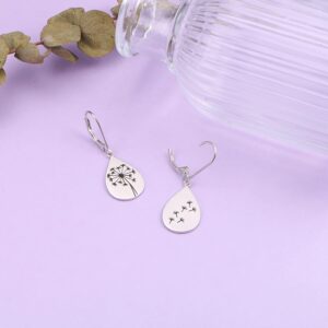 Dandelion Drop Earrings for Women 925 Sterling Silver Teen Water Drop Silver Flower Leverback Dangle Earrings Jewelry for Mom Lover