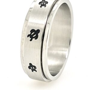 Beautiful Hawaiian Ocean Sea Turtle With Black Enamel High Polish Silver Stainless Steel Spinner 8mm Band Ring Men and Women Size 6-13 (14)