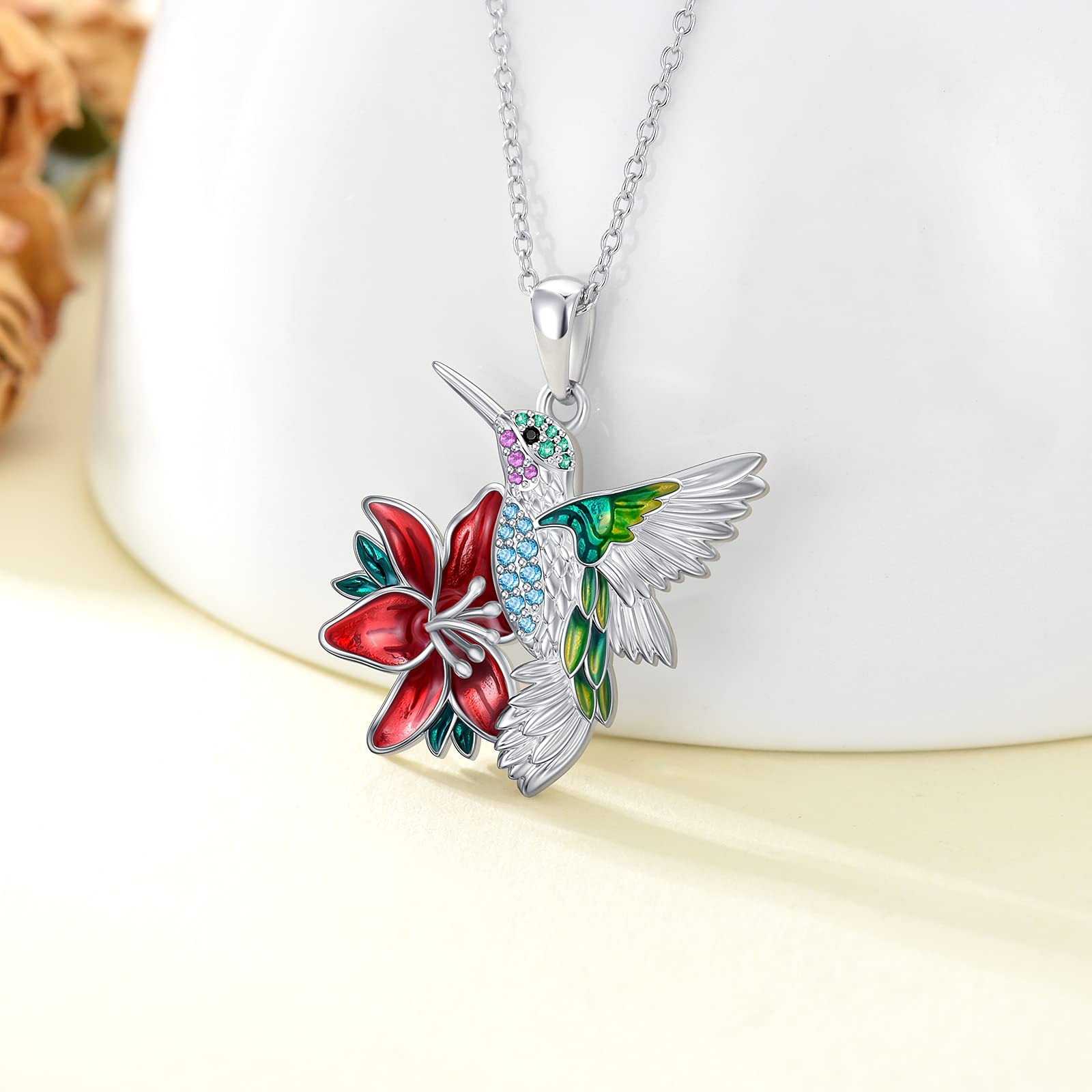 PEIMKO Hummingbird Necklace Enamel Hummingbird Pendant Necklace Sterling Silver Cute Aniamal Bird Necklace with Flower Bird Pendant for Women