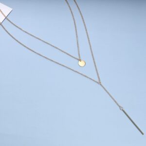 Yheakne Bohemia Layered Bar Coin Necklace Gold Vertical Bar Y Lariat Necklace Long Disc Pendant Necklace Chain Circle Necklace Jewelry for Women and Girls Gifts